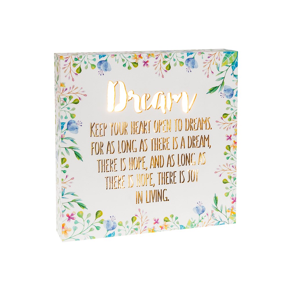 Floral Words LED Square Plaque Dreams - Bubblelush Divine Gifts